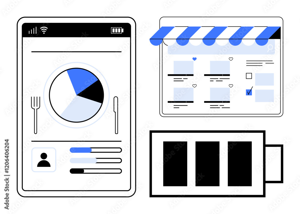 Digital dashboard with pie chart, online storefront with blue awning ...