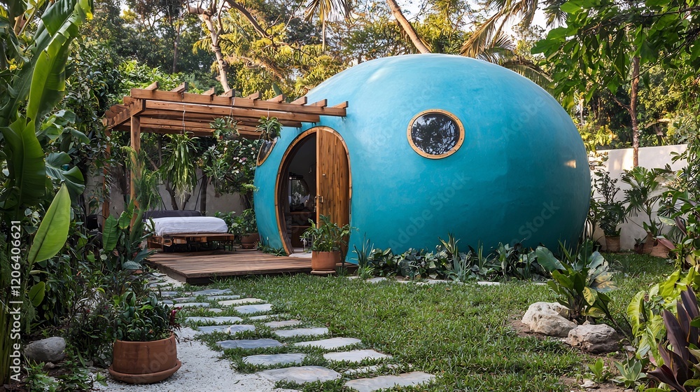 Lush tropical garden surrounding a SuperAdobe dome painted in ocean ...