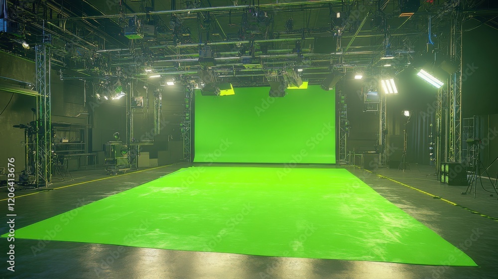 Spacious green screen studio equipped for film production with lighting ...