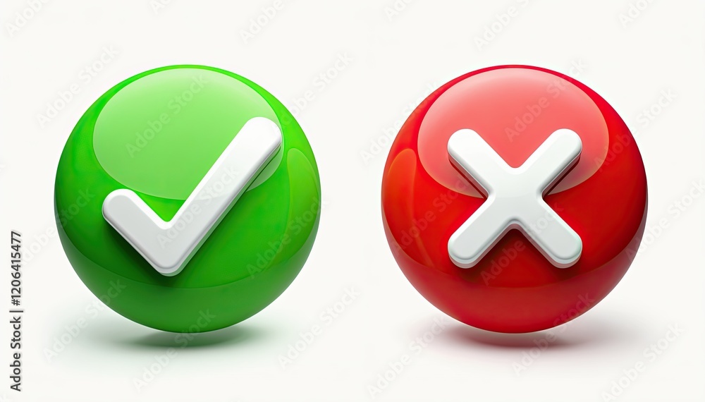 Green checkmark and red X symbols. Glossy 3D buttons representing acceptance and rejection ...