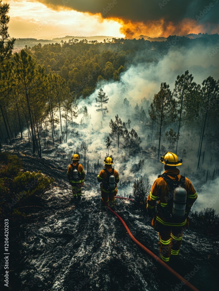 Firefighters working together to extinguish a raging forest fire, using ...