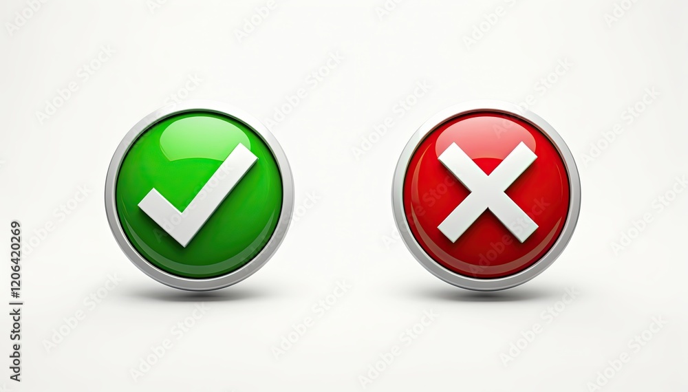 Green checkmark and red X symbols. Shiny, glossy buttons represent ...