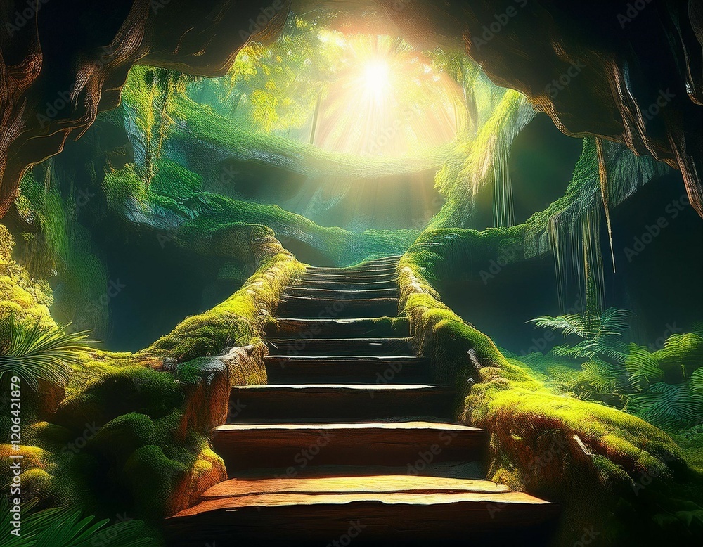 path cave moss growing rocks stairs hell heaven shaft sun window bright ...