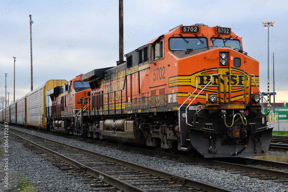 Tacoma, WA, USA - January 17, 2025; BNSF autorack vehicle freight train behind diesel locomotive ...