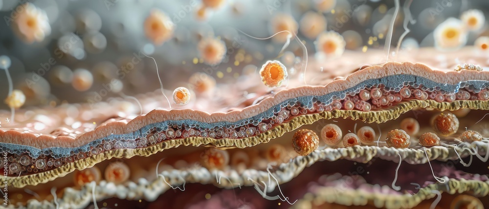 Microscopic skin tissue layers shown. Detailed cellular structure with ...