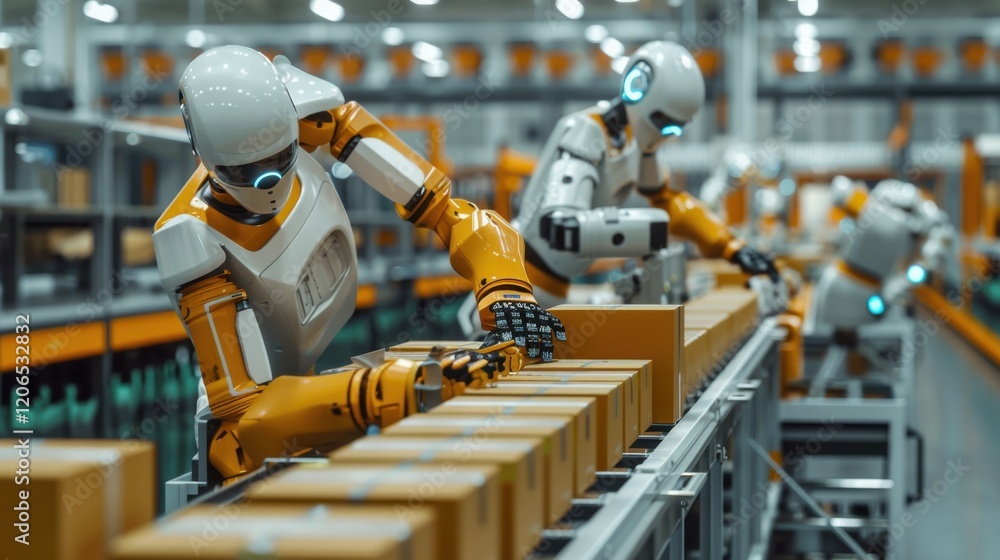 Smart packaging line uses AI-driven quality control. Robotic arms perform pick and place tasks ...