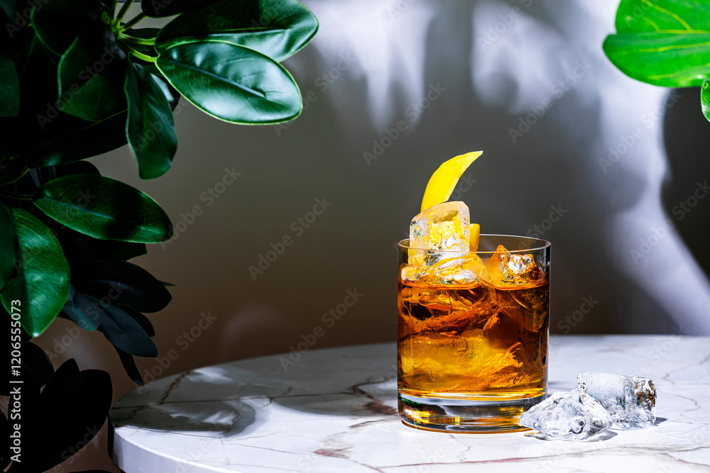 Spiced tequila old fashioned, alcoholic cocktail drink with tequila ...