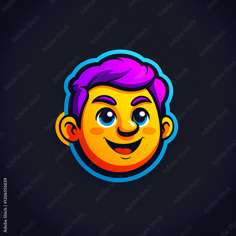 smiley face with a smile yellow character icon logo with violet hair ...