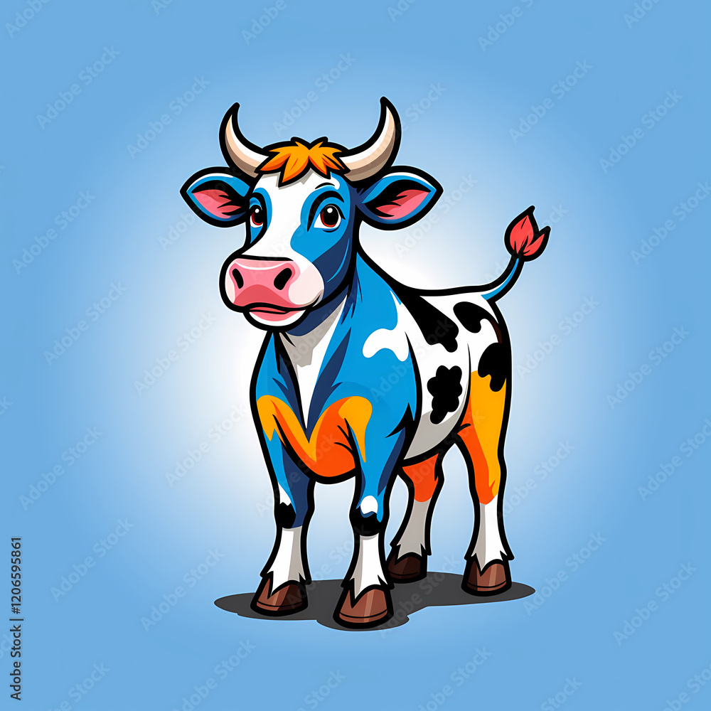 Cartoon cow with blue and orange pattern / Vaca caricaturesca con ...