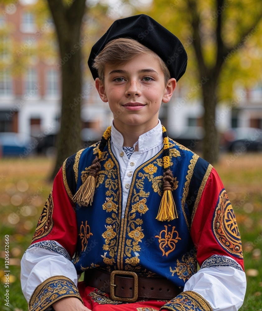 Teen boy of Belgian nationality in traditional attire with relaxed pose ...