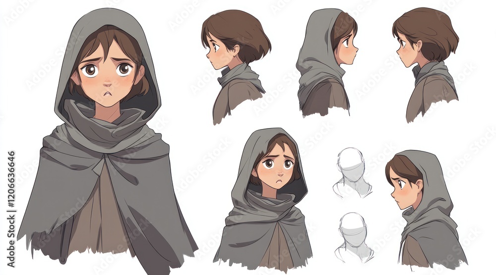 Girl, hooded cloak, character design, profile views, animation concept ...