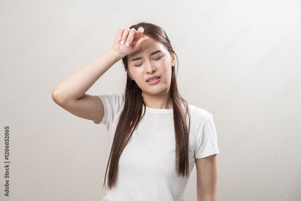 Hot weather and health care concept asian young woman suffering from ...