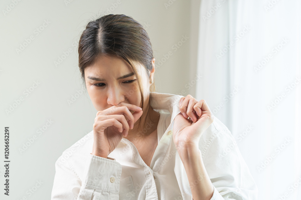 Bad smell nose concept asian young housewife woman having smelling ...