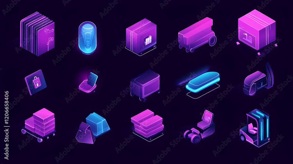 Isometric warehouse automation icons robots, conveyors, packages, smart ...