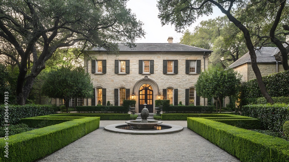 Traditional European manor with stone walls tall arched windows and a ...