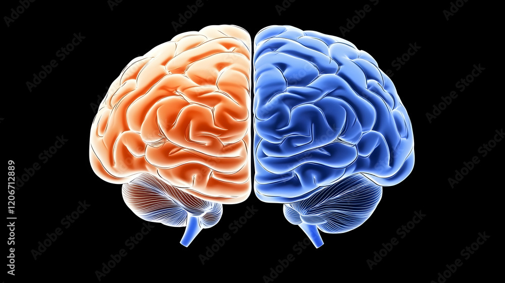 Human brain hemispheres, anatomical model, isolated on black background ...