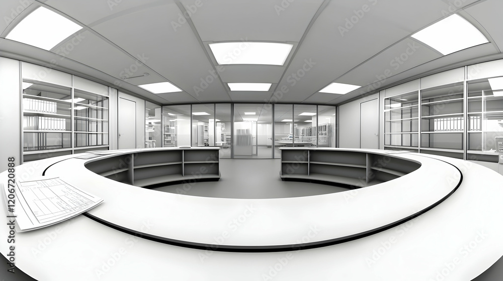 Modern office reception area, curved desk, glass partitions, shelving ...