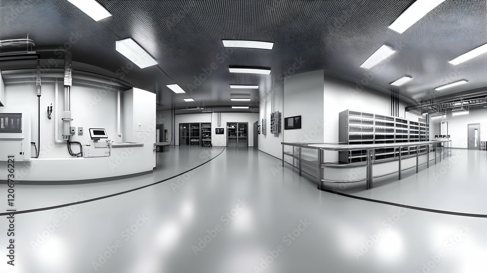 Sterile lab corridor, equipment, 360 view, cleanroom background ...