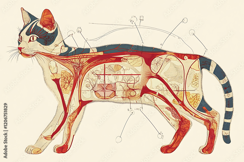 Anatomical illustration of a cat showcasing internal organs and systems ...