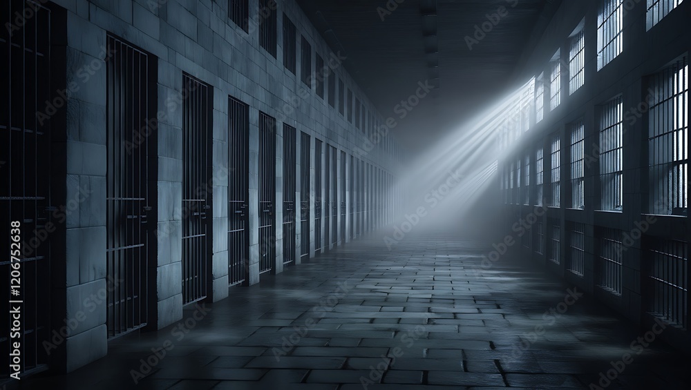 Front view of never-ending empty prison corridor. Surrounded by prison ...