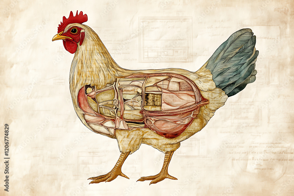 Anatomical illustration of a chicken showcasing internal organs and ...