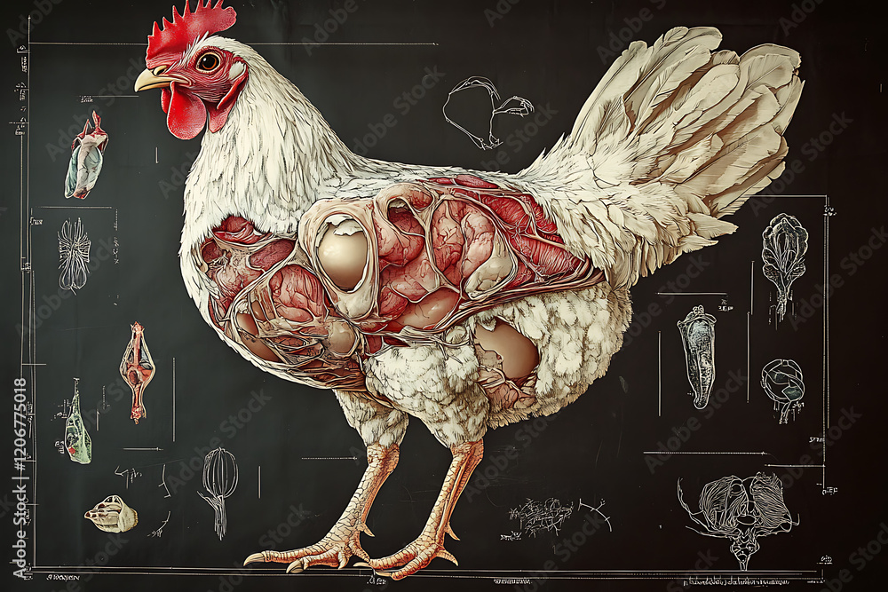 Anatomical illustration of a chicken showcasing internal organs and ...