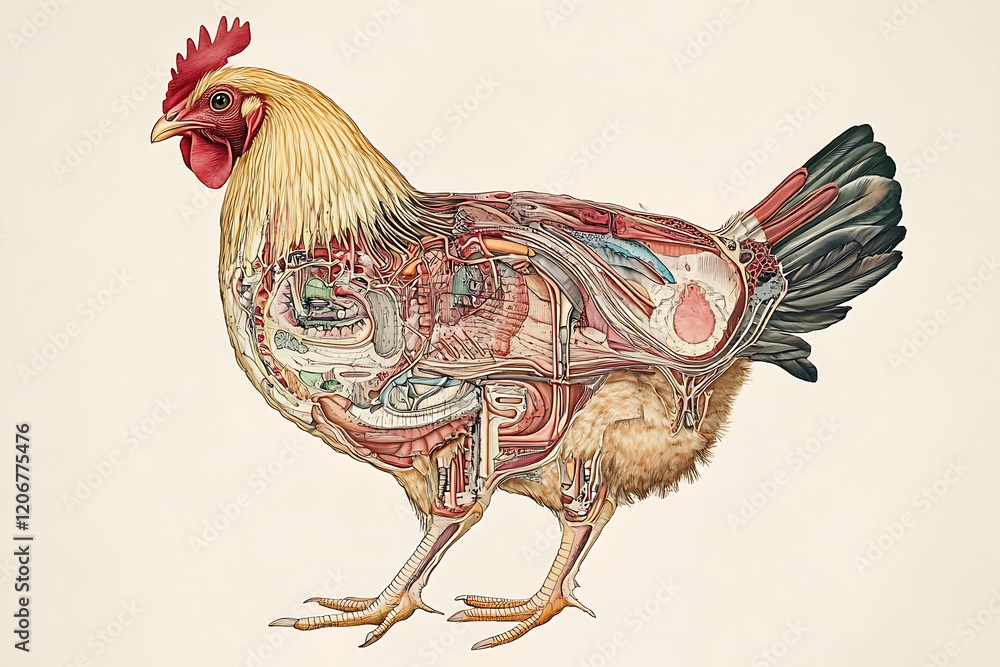 Anatomical illustration of a chicken showcasing its internal organs and ...