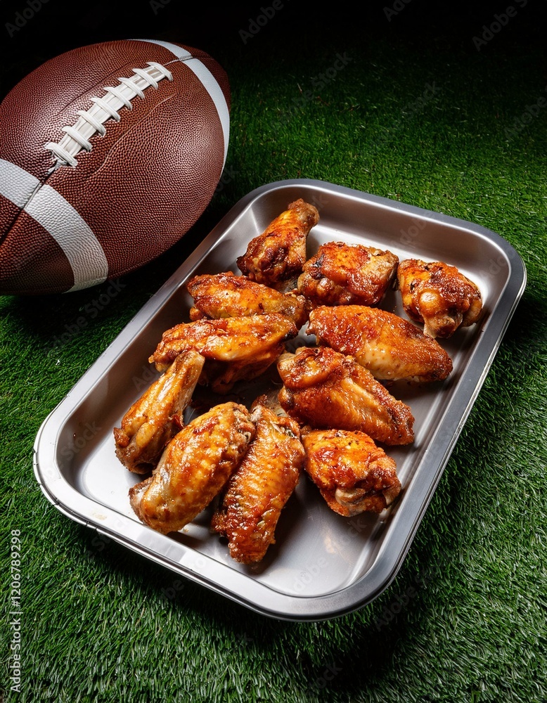 tray of chicken wings, in a dark football field grass with stadium ...