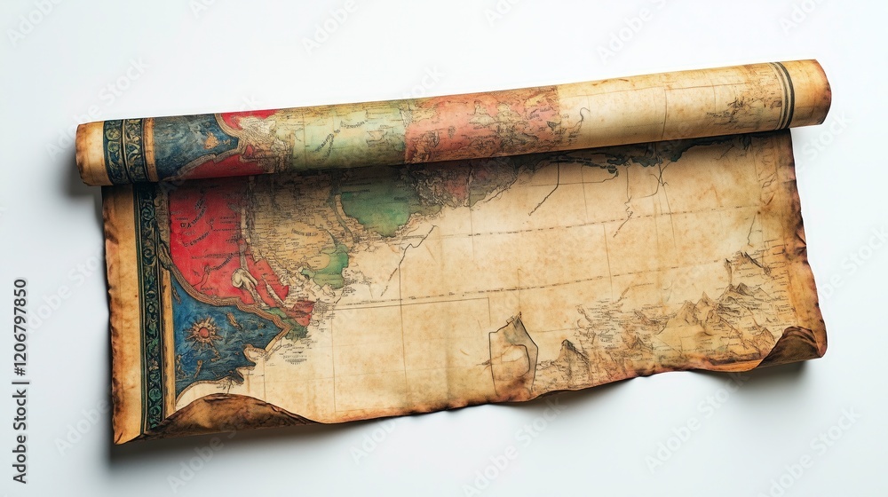 Antique Rolled Map: A weathered, antique map rolled partially open ...