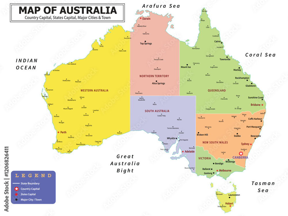 Australian Countries Geography Political map. Political map of country ...