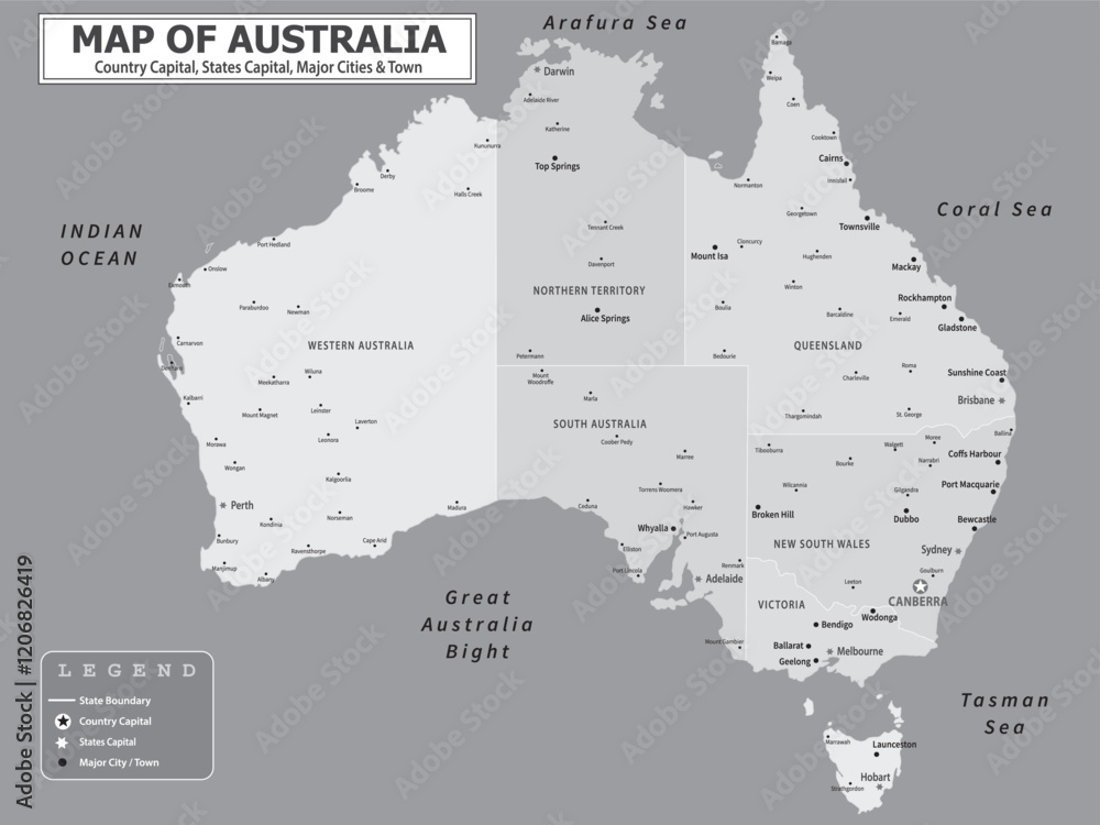 Australian Countries Geography Political map. Political map of country ...