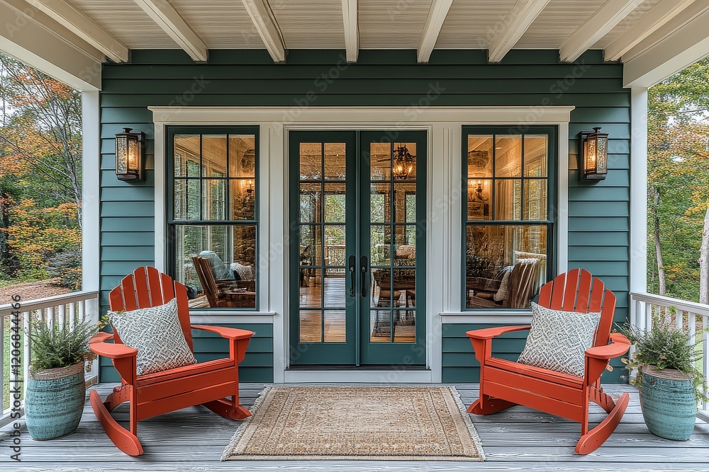 Front porch with red Adirondack chairs, green walls, double doors ...