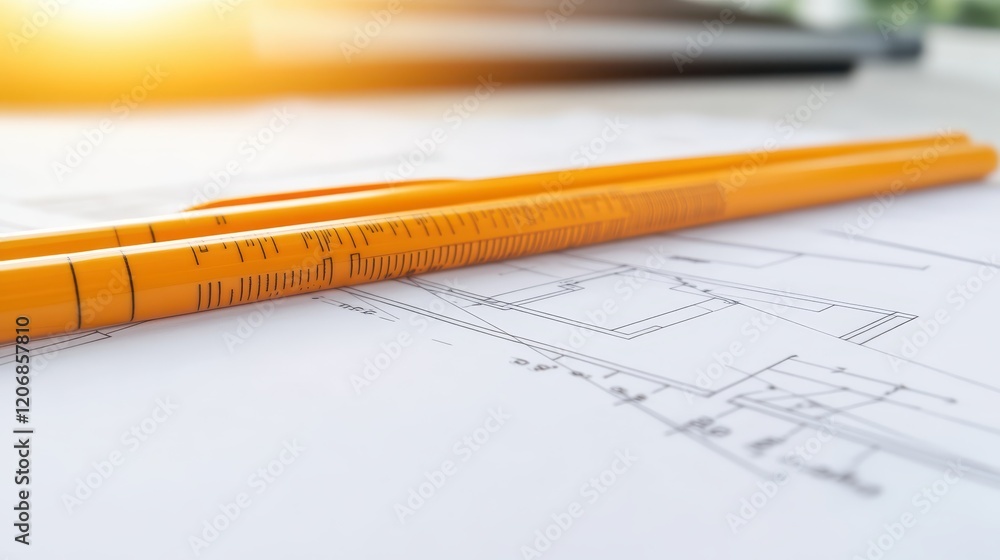 Technical drawing tools, pencil and ruler on blueprint for precise ...