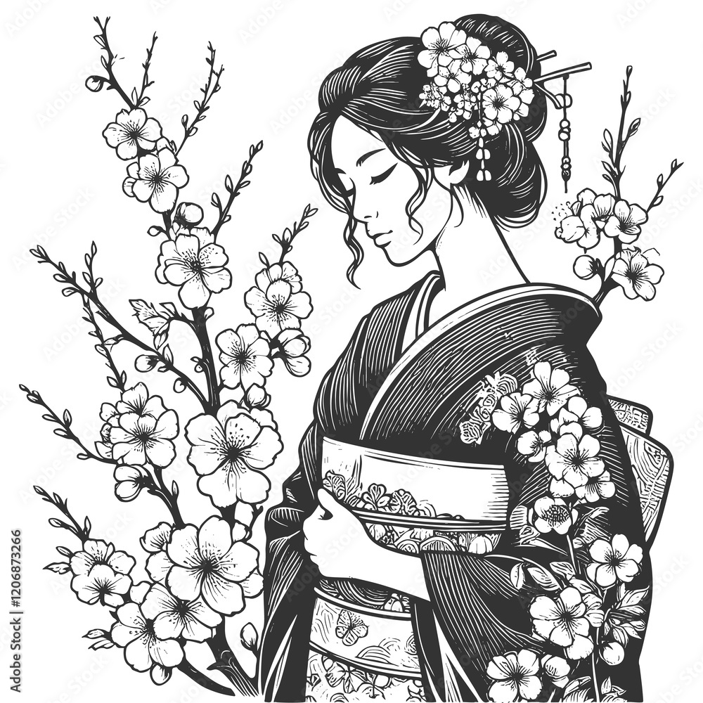 geisha in traditional attire, surrounded by sakura cherry blossoms in a ...
