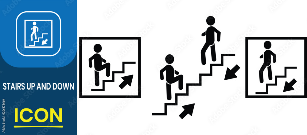 Stairs up and down icon set. Walking man in the stairs. Safe moving ...