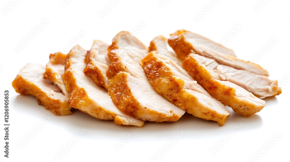 Five slices of cooked chicken breast, neatly arranged in a row on a ...