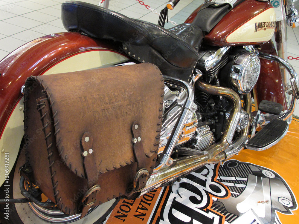 harley davidson brand logo and sign on vintage road king tank of ...