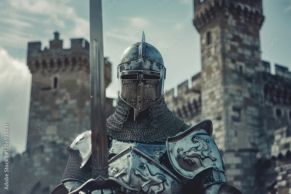 Fantastic beautiful royal knight in iron armor guards castle chambers ...