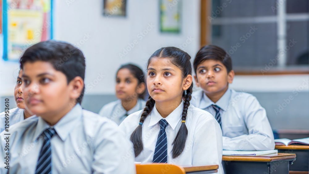 Indian school students wearing uniforms, focused in class. Stock Photo ...