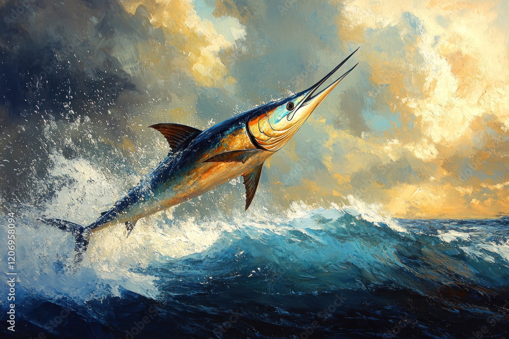 Sailor mid-air dive from ocean, arms outstretched. Bold brush strokes ...