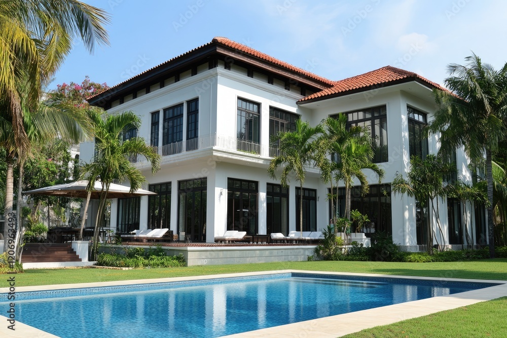 Miami Beach mansion with modern architecture, pool and palm trees ...