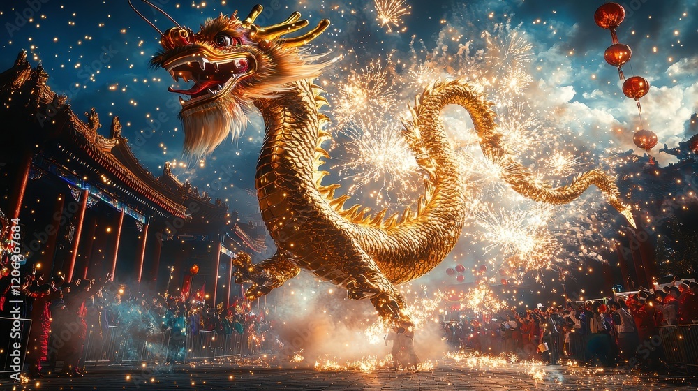 Celebration of the golden dragon traditional festival urban setting ...