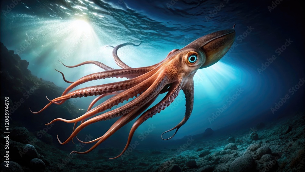 a giant squid lurking in the dark depths of the abyssal plain, sea ...