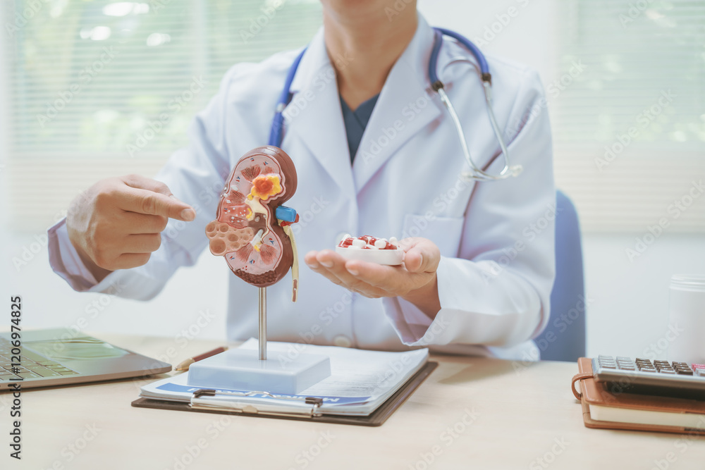 Male doctor treating kidney disease at a hospital table,discussing ...