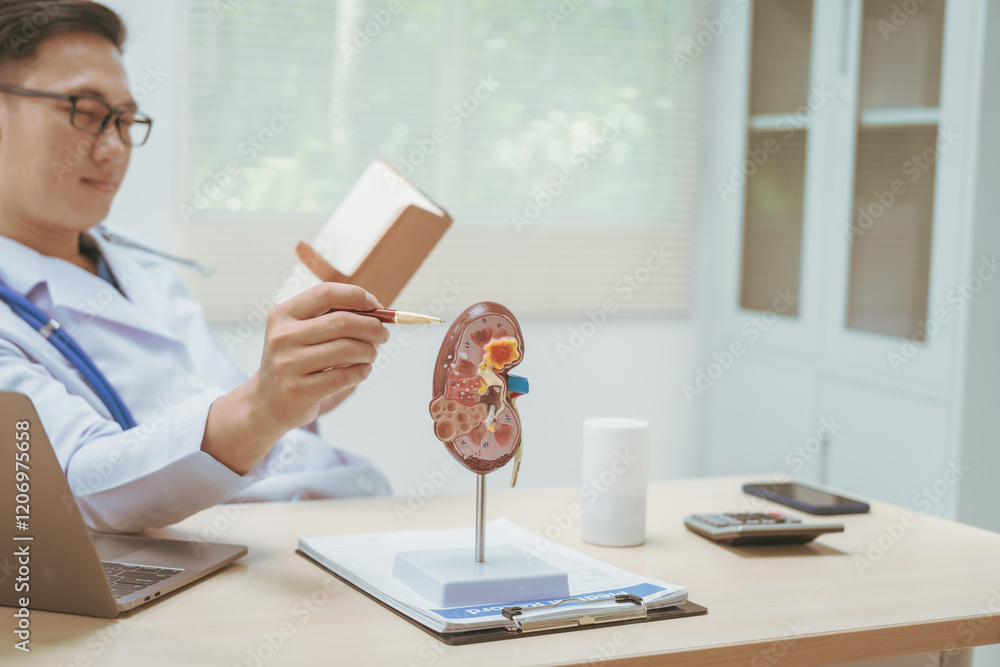 Male doctor treating kidney disease at a hospital table,discussing ...