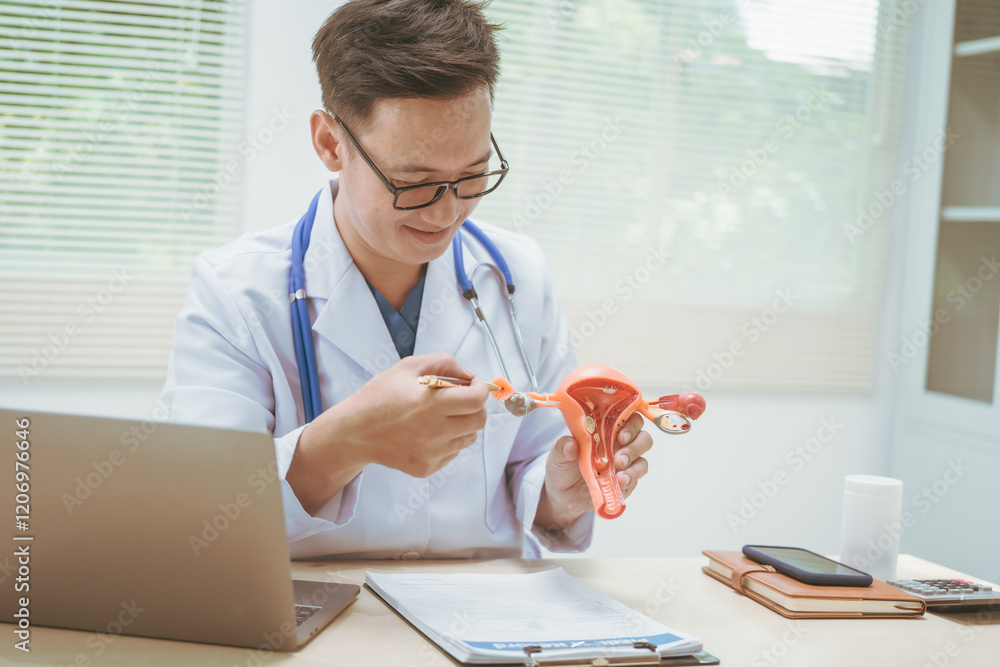 Male doctor treating female uterine diseases at hospital table ...
