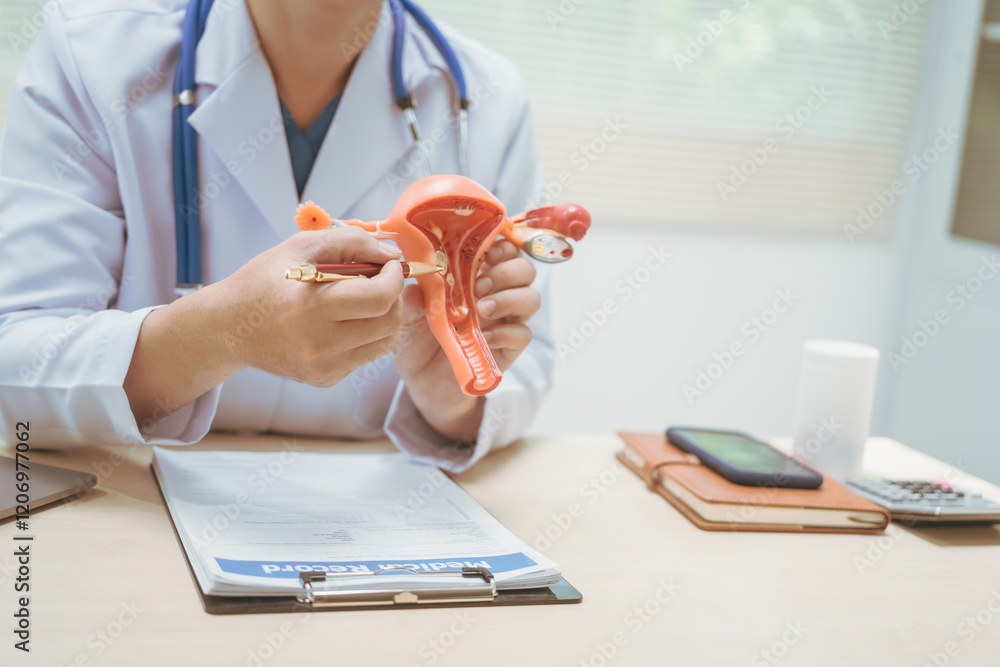 Male doctor treating female uterine diseases at hospital table ...