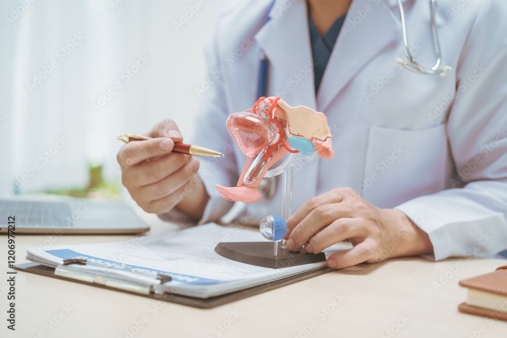 Male doctor treating female uterine diseases at hospital table ...