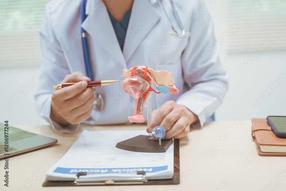 Male doctor treating female uterine diseases at hospital table ...