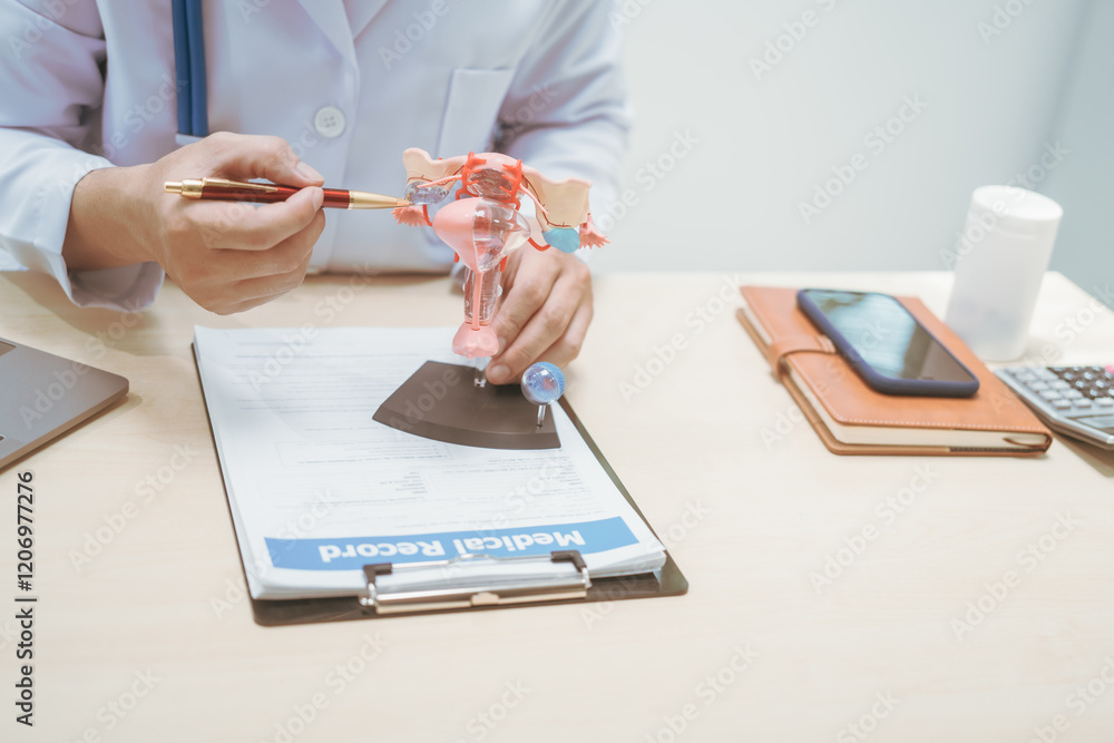 Male doctor treating female uterine diseases at hospital table ...